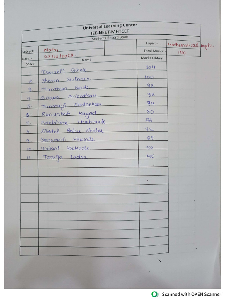 Mathematical Logic Test Marks | PDF