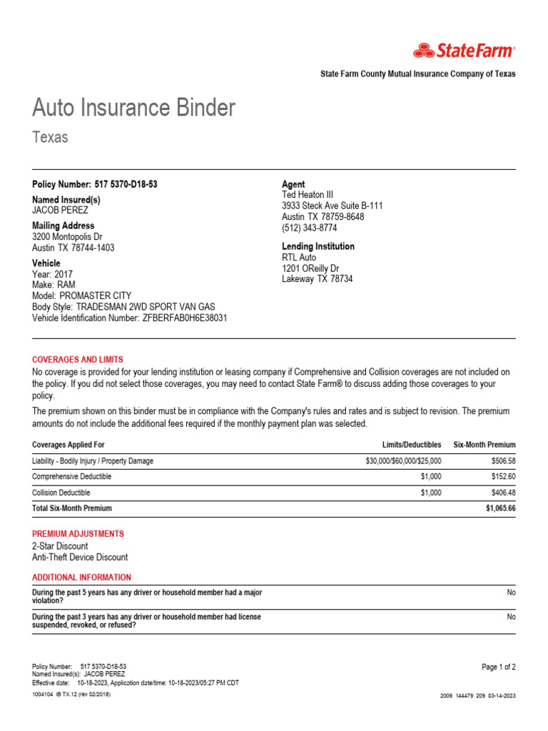 2023-10-18 EA Perez, J Auto Doca | PDF | Vehicle Insurance | Insurance