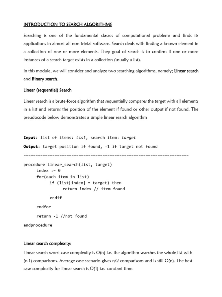 Introduction To Search Algorithms Pdf Time Complexity Computational Complexity Theory