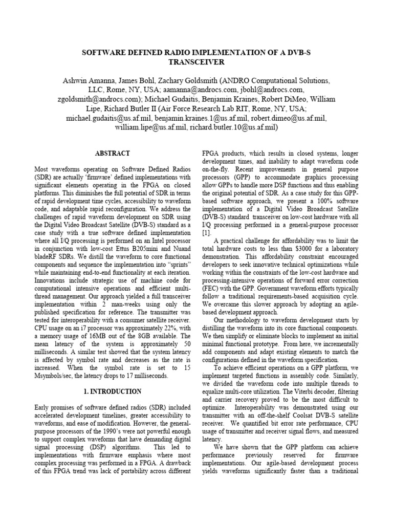 Software Defined Radio Implementation Of A Dvb S Transceiver Paper Pdf Software Defined