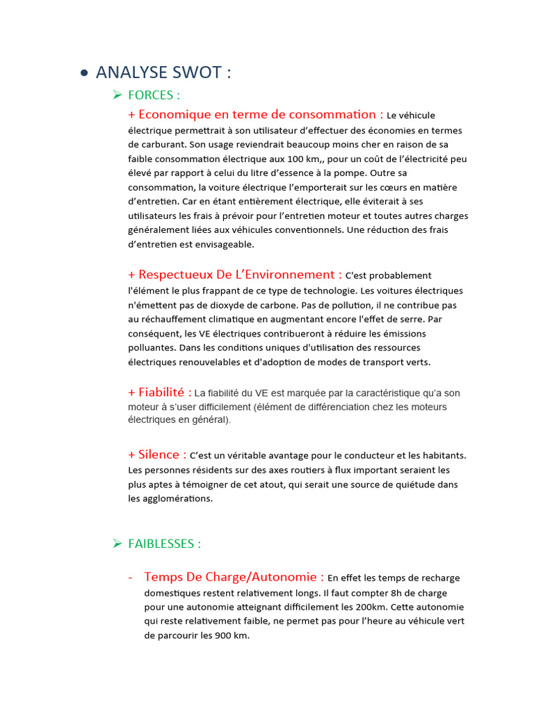 Analyse SWOT du Véhicule Électrique | PDF | Voiture électrique | Voitures