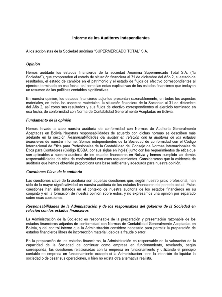 Ejemplo de Informe Opinión Limpia Auditoria Financiera | PDF | Auditoría | Estado financiero