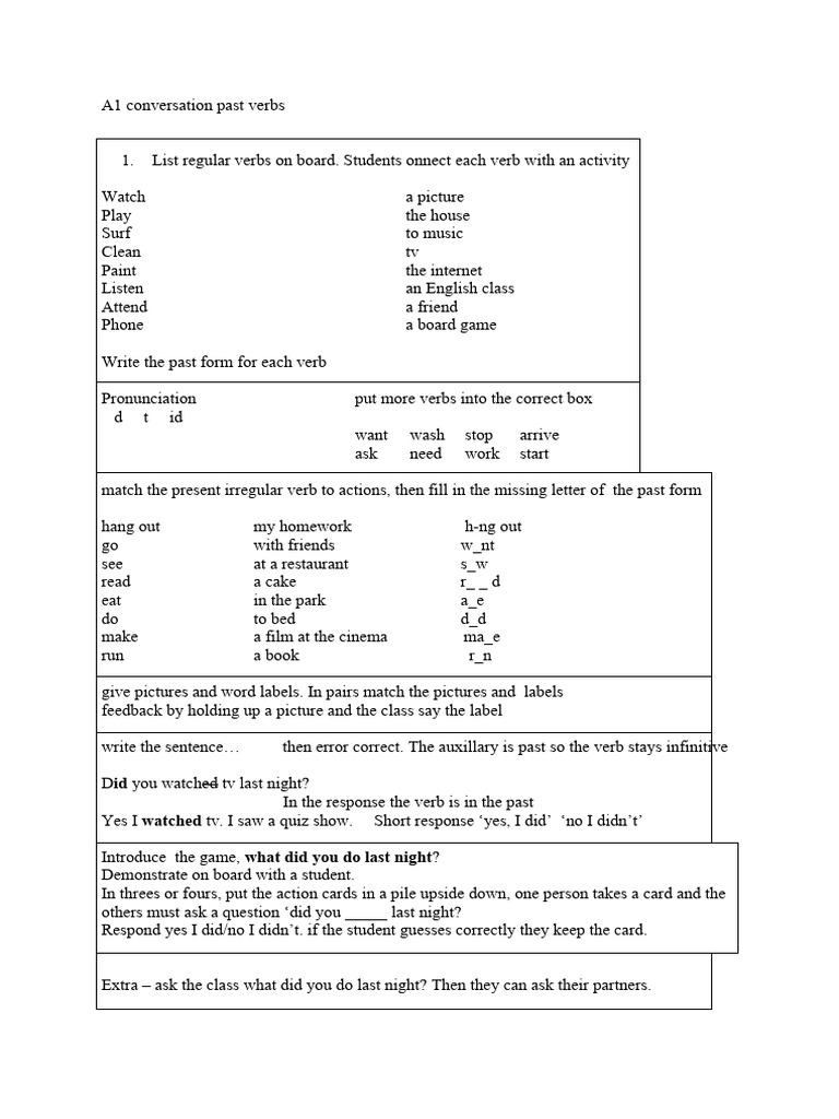A1 Past Verbs | PDF | English Language | Grammar