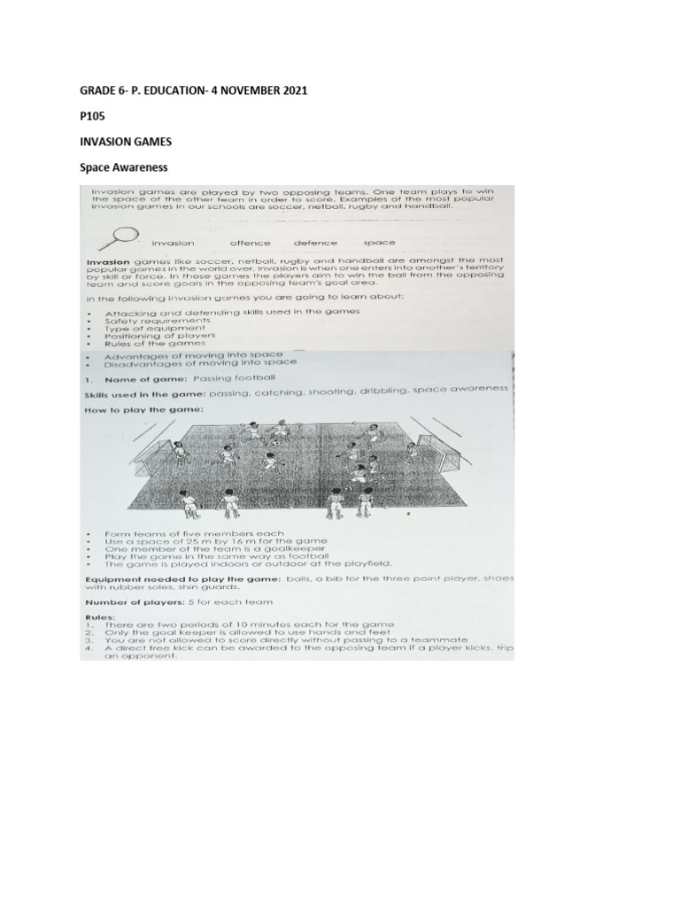 Grade 6 - P E - 4 Nov 2021 - Invasion Games - Space Awareness | PDF ...