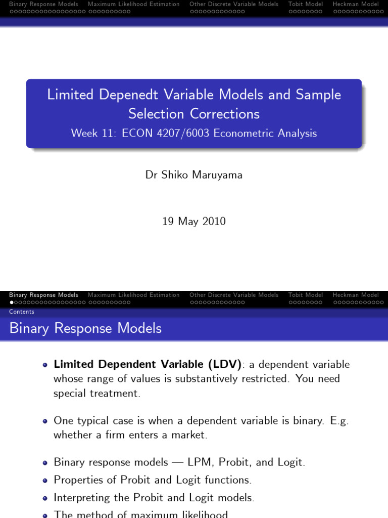 Limited Depenedt Variable Models and Sample Selection Corrections | PDF | Logistic Regression ...