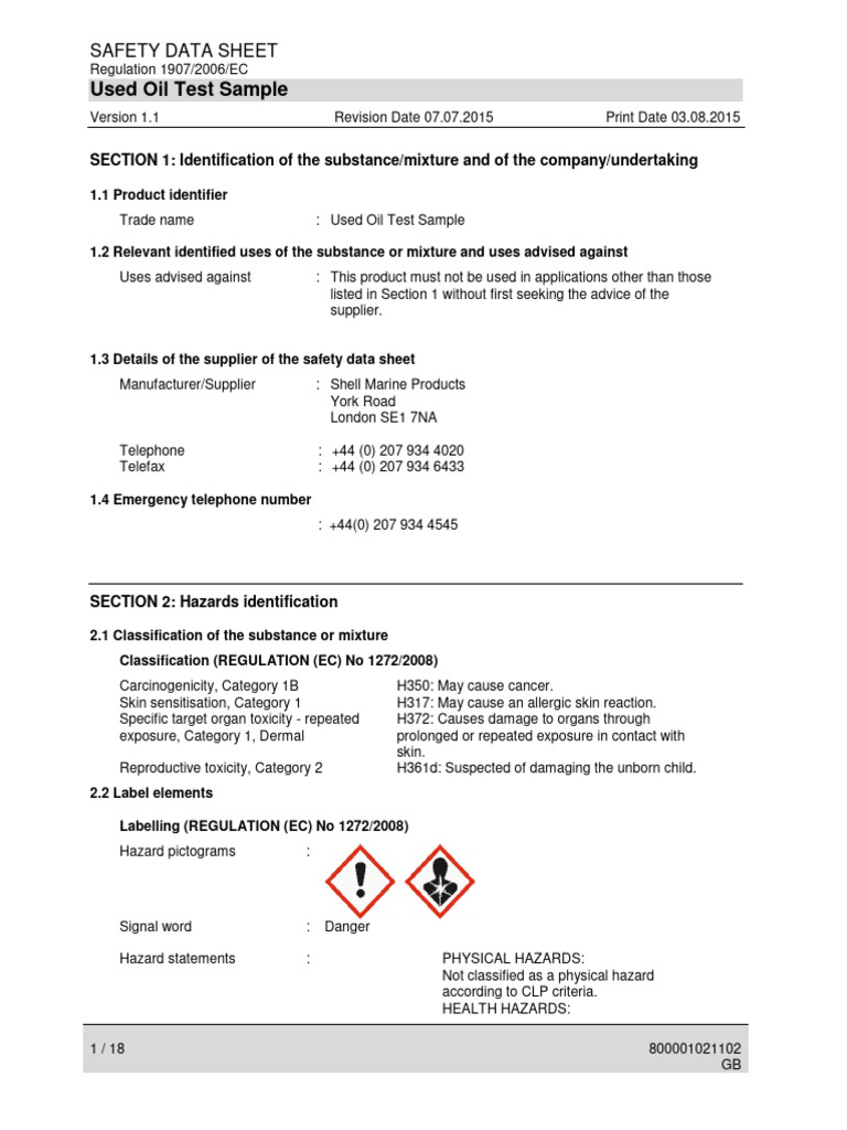 Used Oil Test Sample SDS - 2015 | PDF | Toxicity | Dangerous Goods
