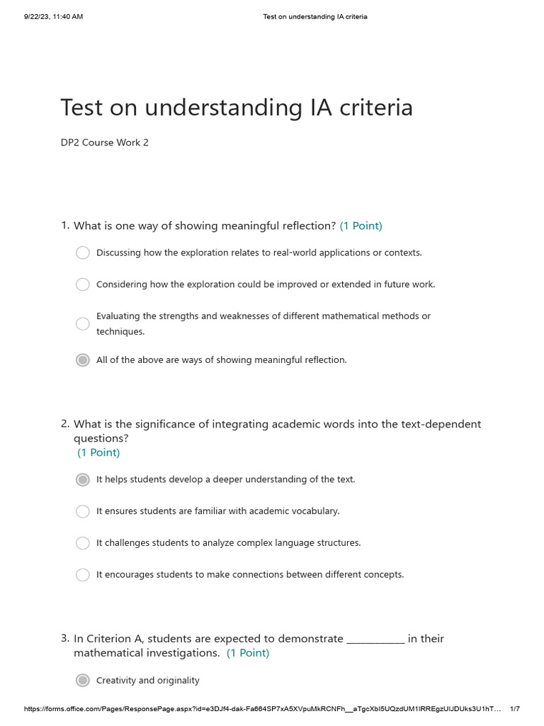 Test On Understanding IA Criteria | PDF | Communication | Mathematics