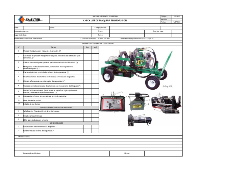F-SIG-75 Check List de Maquina Termofusion McElroy VR 01 | PDF ...