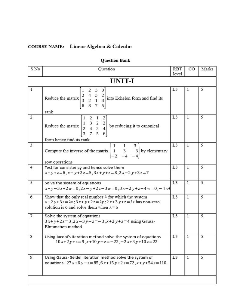 M-1 Question Bank | PDF | Matrix (Mathematics) | Eigenvalues And ...