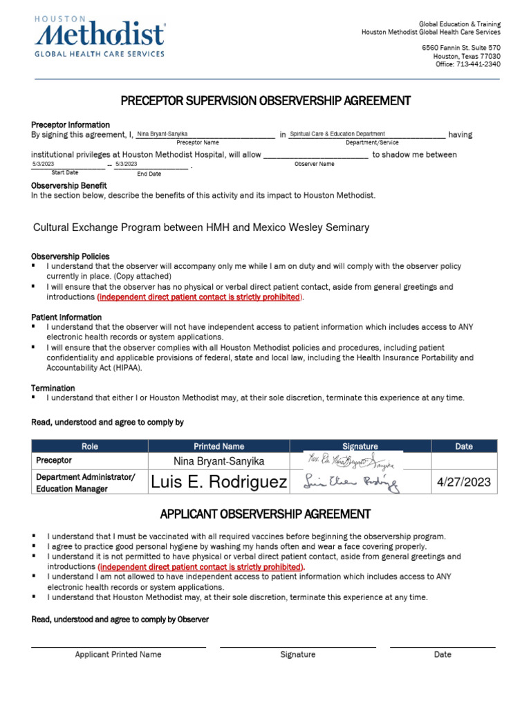 Observership Agreement at Houston Methodist | PDF | Patient | Health ...