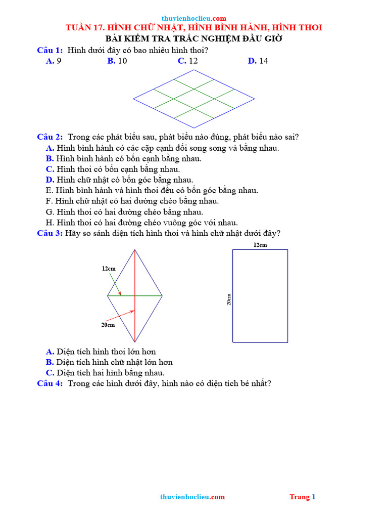 Bai Tap Toan 6 KNTT Tuan 17 HINH CHU NHAT HINH BINH HANH HINH THOI 1 | PDF