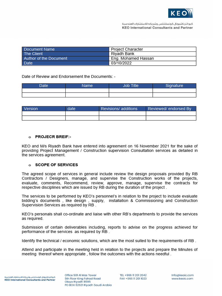 Project Character | PDF | Risk Management | Quality Assurance