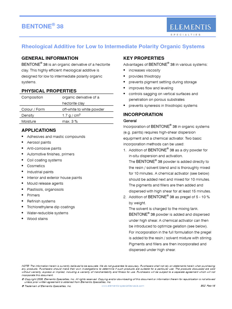 Bentone 38 - TDS - e | PDF | Paint | Chemical Substances
