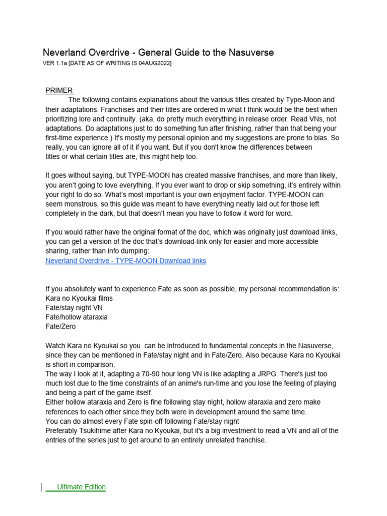 Nasuverse Guide: Type-Moon Titles Primer | PDF | Games & Activities
