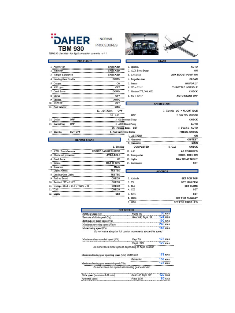 TBM 930 Checklist | PDF | Flap (Aeronautics) | Landing Gear