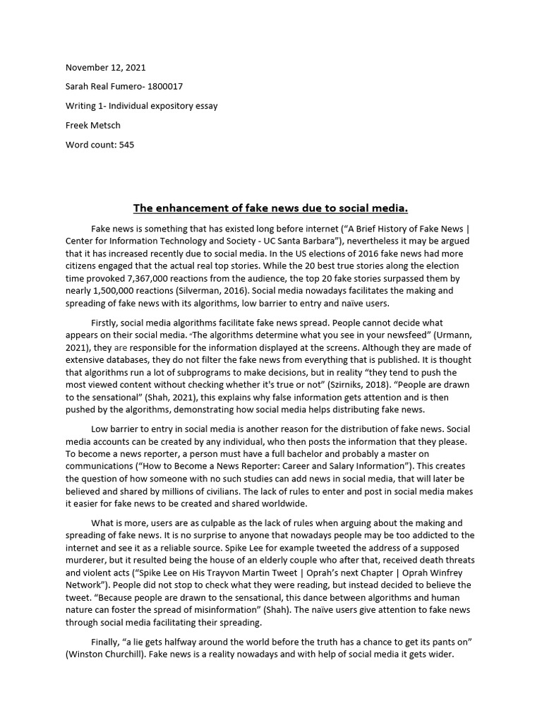 Individual Expository Essay (Fake News) Sarah | PDF | Social Media ...