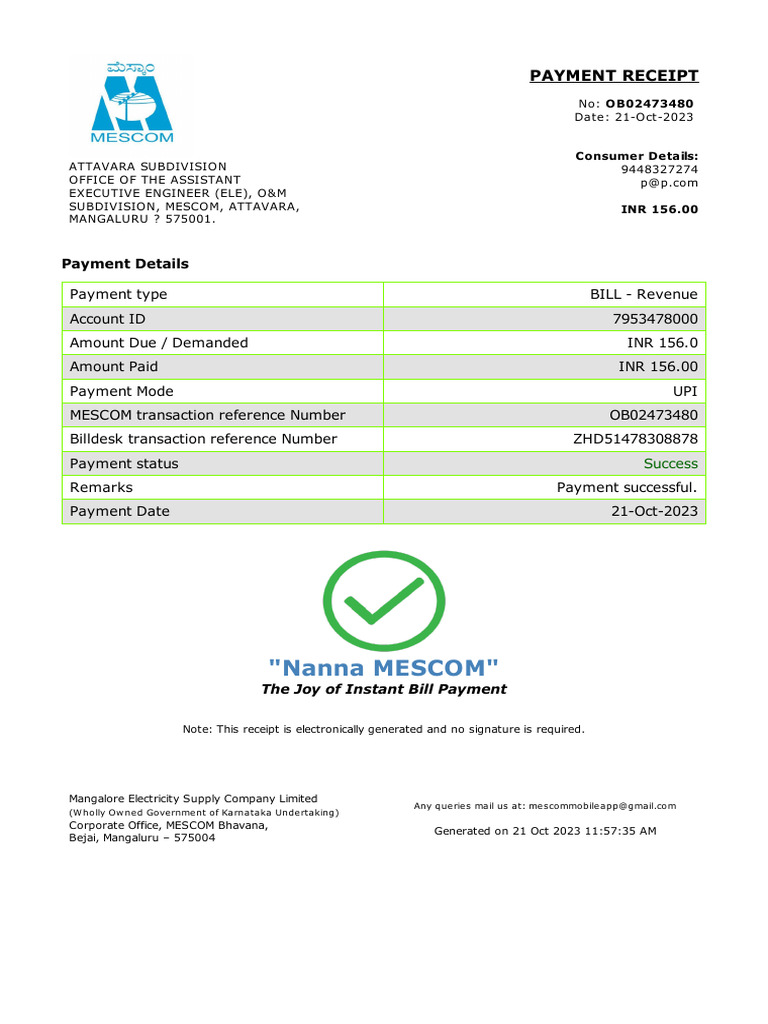 Nanna MESCOM Payment Receipt-7953478000-2265205 | PDF | Receipt | Payments