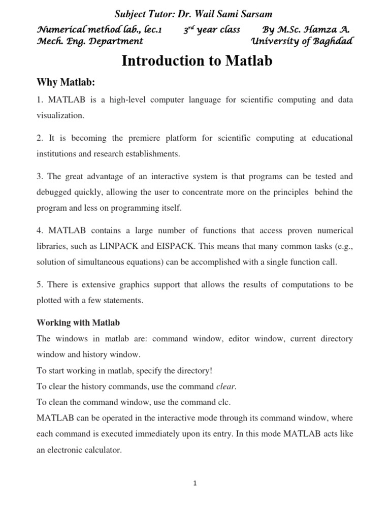 Topic 1 - Introduction To Matlab | PDF | Matrix (Mathematics) | Matlab