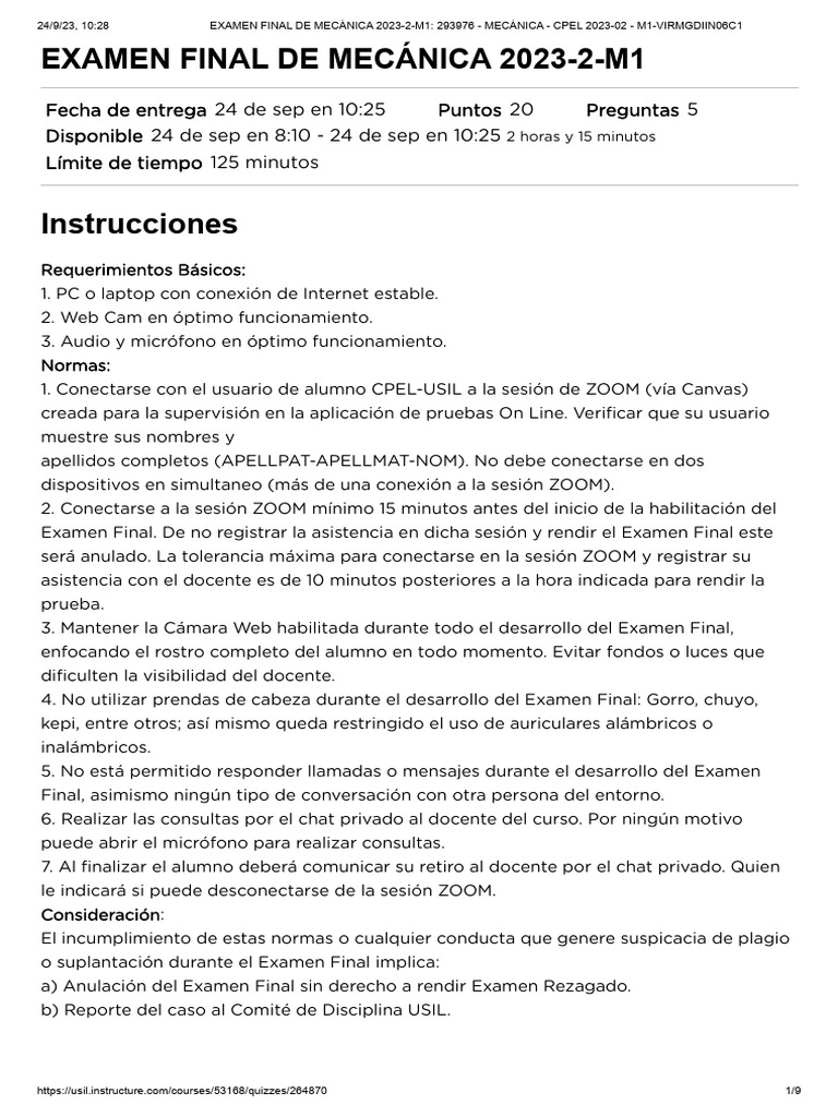 Examen Final de Mecánica 2023-2-m1 - 293976 - Mecánica - Cpel 2023-02 - M1-Virmgdiin06c1 | PDF ...