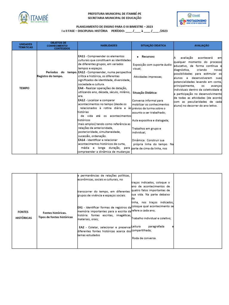 Planejamento de História Do Iii Semestre - 2023 - Eja | PDF | Tempo | Vida
