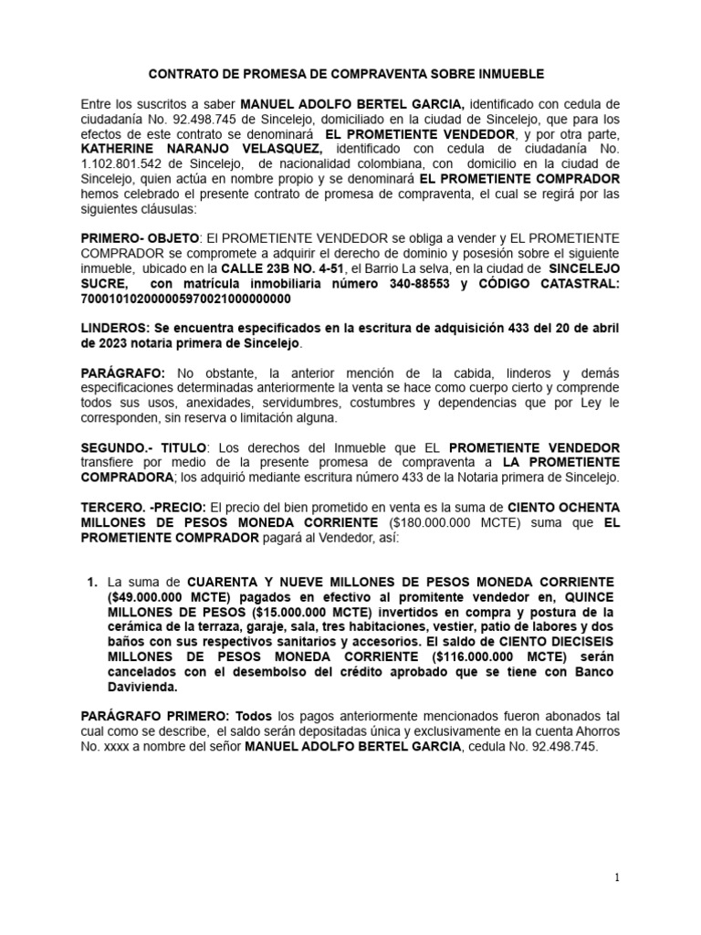 Contrato de Promesa de Compraventa - Modelo | PDF | Derecho civil (sistema legal) | Consentimiento