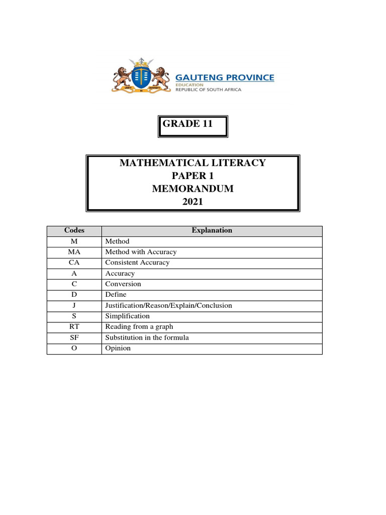 Math Lit Grade 11 Paper 1 Exemplar Memo 2021 + Grid Analysis | PDF ...