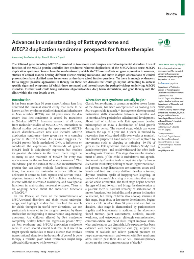 IAPSA - Rett Syndrome - LancetNeurol2020 | PDF | Epilepsy | Autism Spectrum
