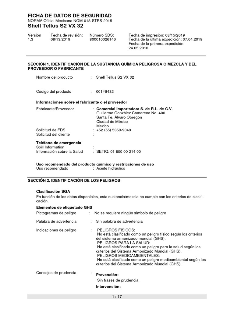 Ficha de Seguridad Shell Tellus S2 VX 32 | PDF | Residuos | Química