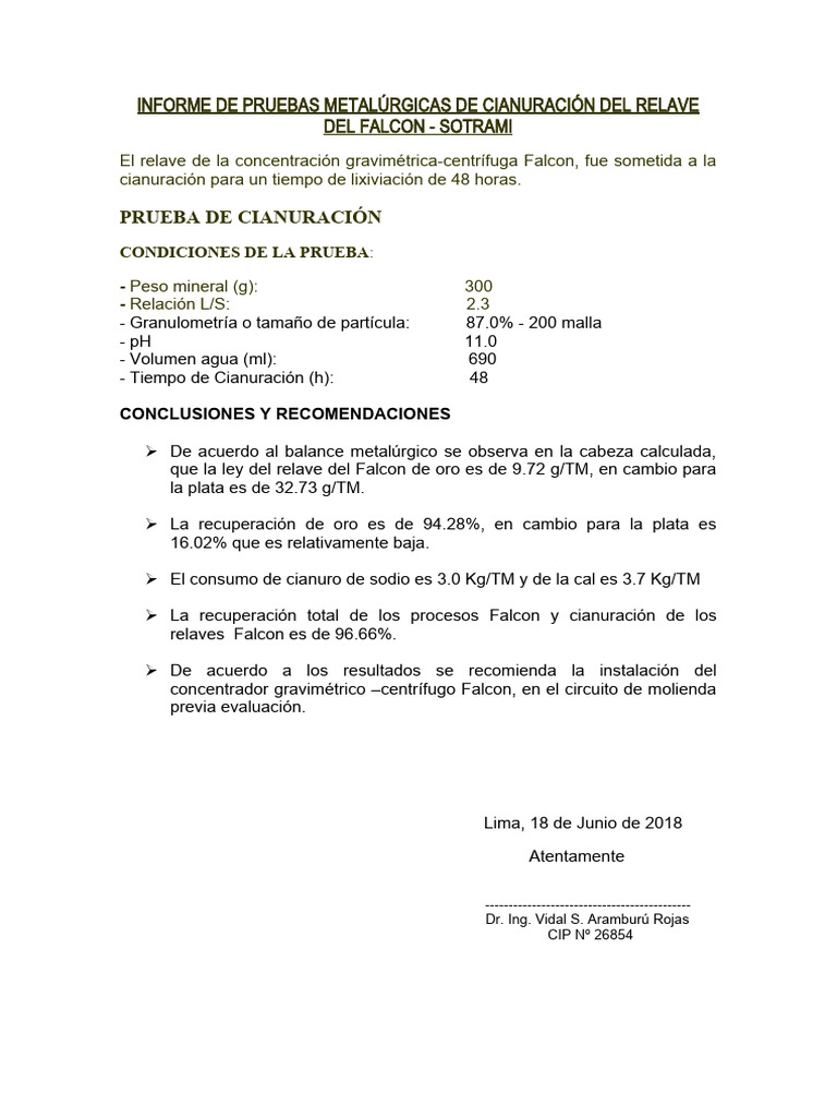Informe de Pruebas Metalúrgicas de Cianuración (Falcon - Sotrami) | PDF