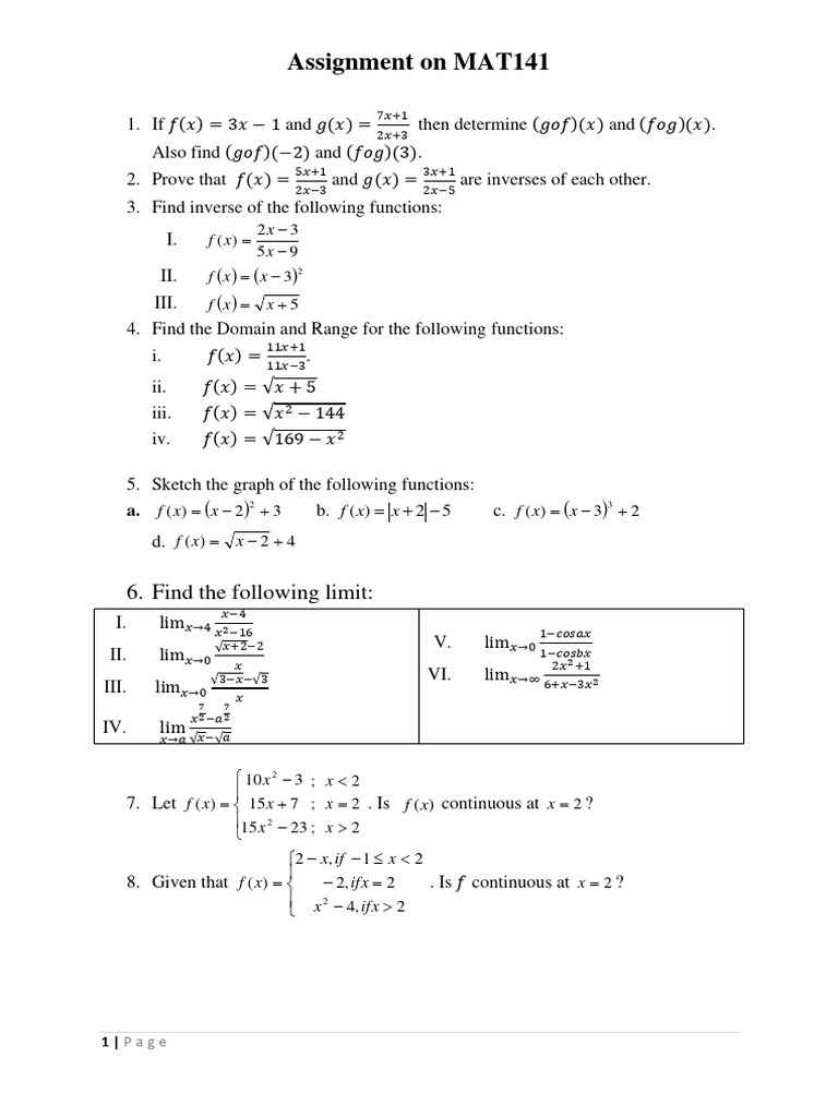 Assignment On MAT141 | PDF | Function (Mathematics) | Functions And Mappings