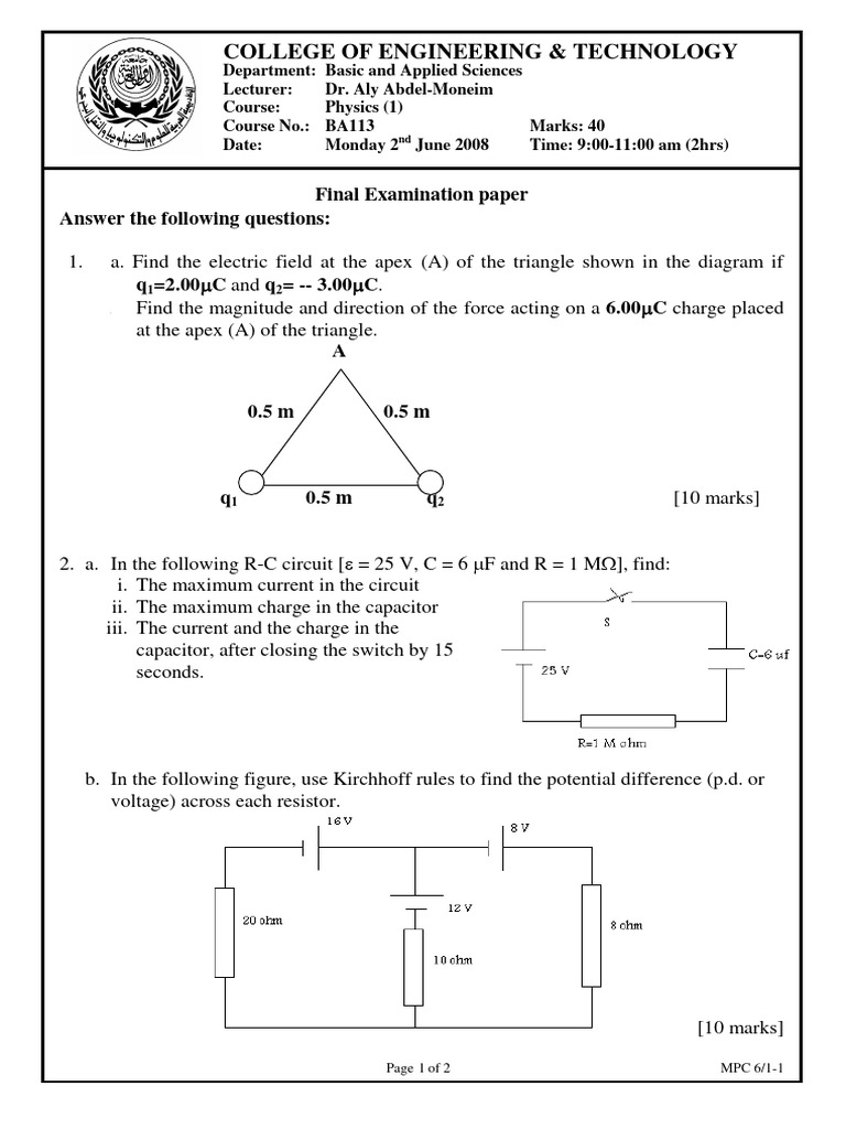 Physics Final Exam: Electric & Magnetic Fields | PDF | Capacitor | Voltage