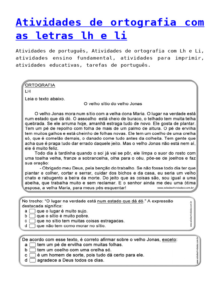 Atividades de Ortografia: Lh e Li | PDF | Ortografia | Português (idioma)