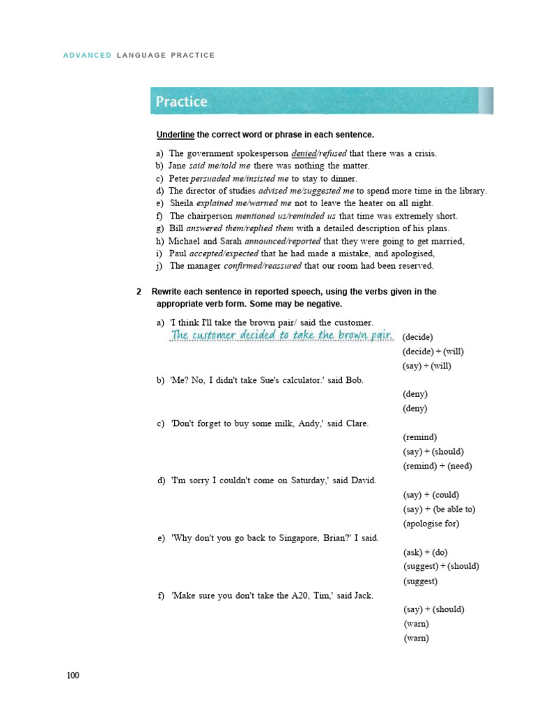 Reported Speech Advanced Exercises MNikolic | PDF