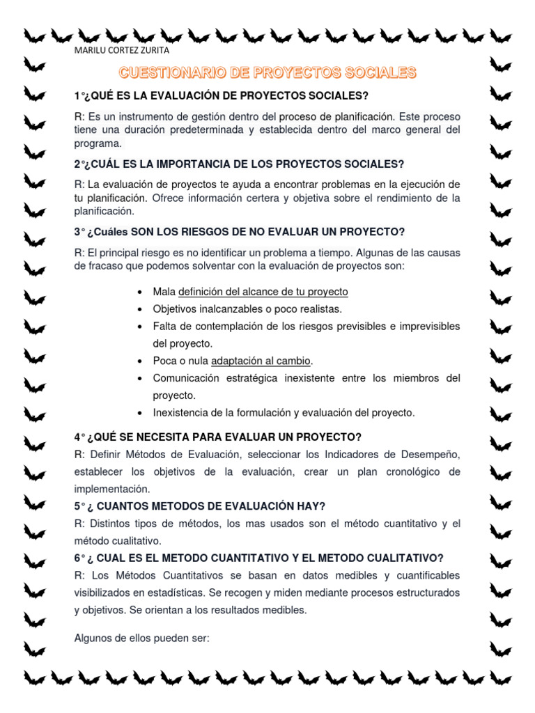Cuestionario de Proyectos Sociales | PDF | Evaluación | Planificación