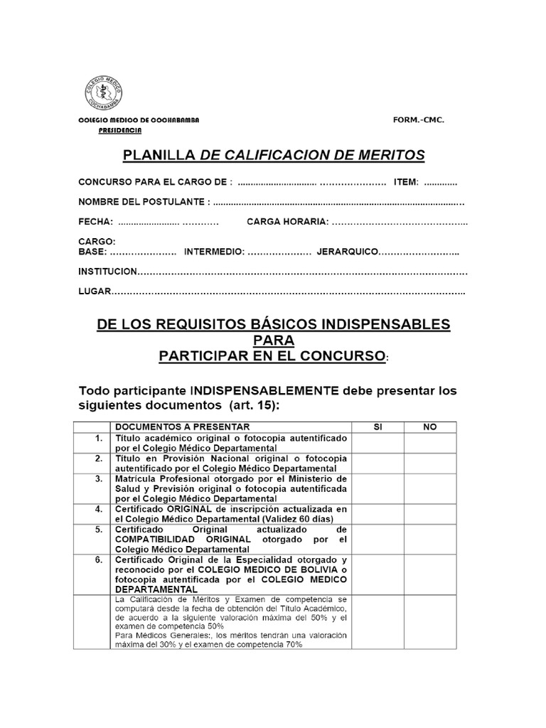 PLANILLA DE CALIFICACION DE MERITOS DE LOS REQUISITOS BÁSICOS ... PLANILLA DE CALIFICACION DE MERITOS DE LOS REQUISITOS BÁSICOS ...