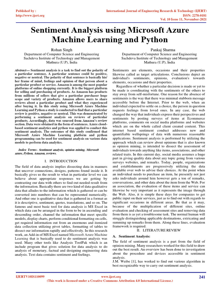 Sentiment Analysis Using Microsoft Azure Machine Learning And Python Ijertv10is110099 Pdf