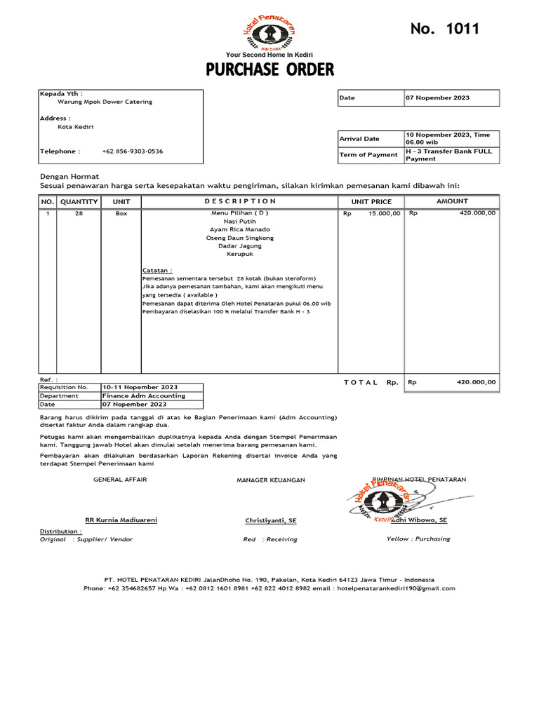 PO - 10!11!2023 - Meals Box - Hotel Penataran TA 2023 | PDF