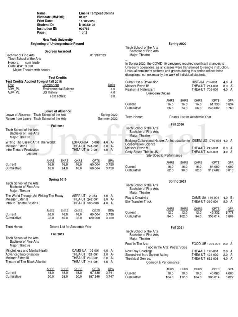 Emelia Collins Transcript Unofficial | PDF | Bachelor's Degree