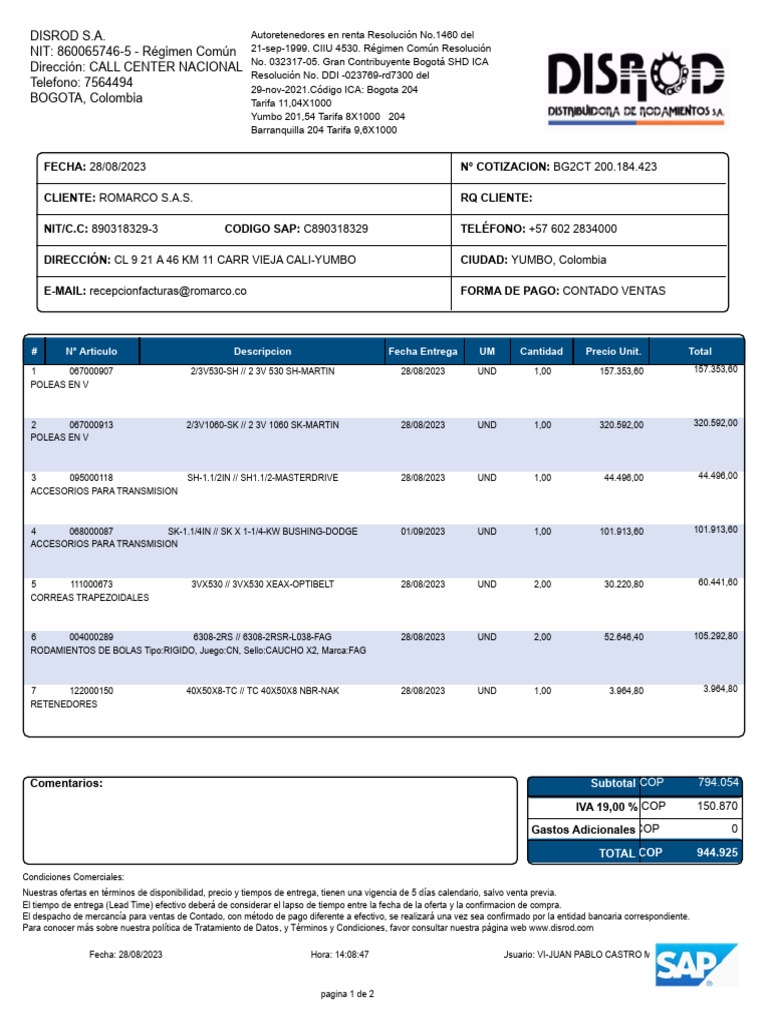 Cotización de DISROD S.A. - Romarco S.A.S. | PDF | Finanzas y dinero
