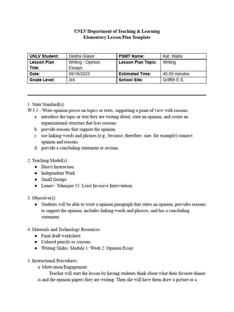 UNLV/Department of Teaching & Learning Elementary Lesson Plan Template ...