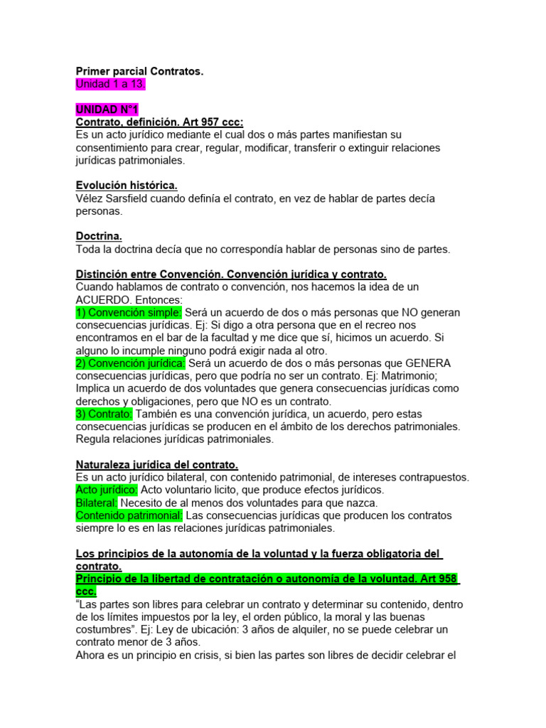 Resumen primer parcial Contratos | PDF | Conceptos legales | Consentimiento