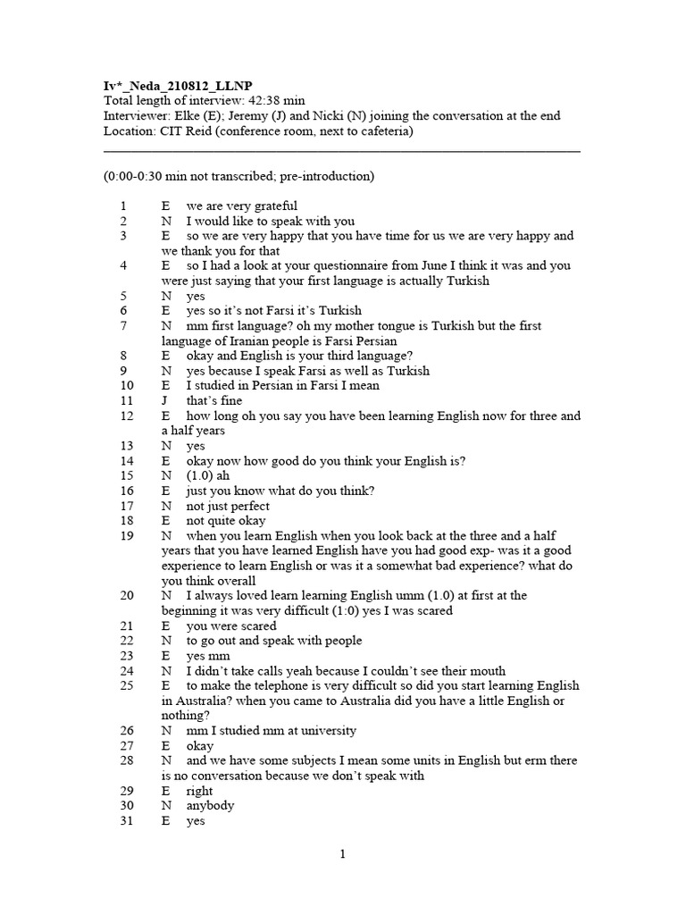 Sample Interview Transcript - Neda | PDF | Fluency Sample Interview Transcript - Neda | PDF | Fluency