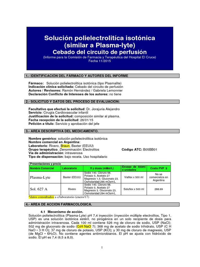 Composición y uso de Plasma-Lyte | PDF | Medicamentos con receta ...