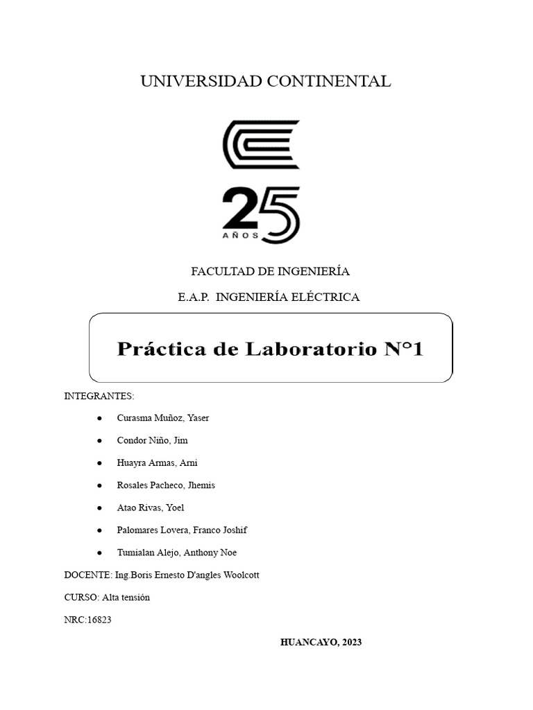 Practica de Laboratorio N°1 Alta Tensión | PDF | Corriente eléctrica | Energia electrica
