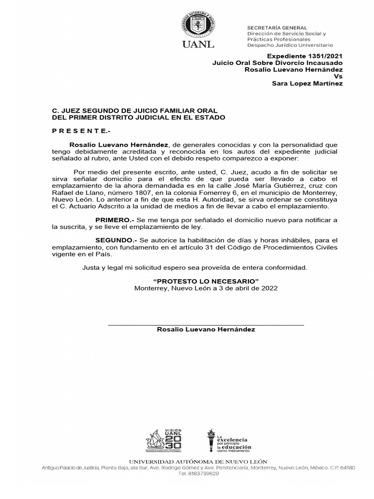 DJUG- FORMATO ESCRITO NUEVO DOMICILIO EMPLAZAMIENTO | PDF