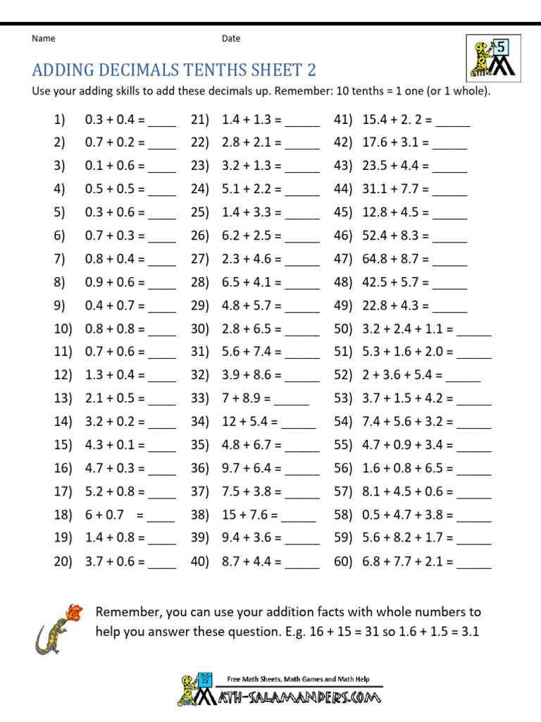 Adding Decimals Tenths 2 | PDF