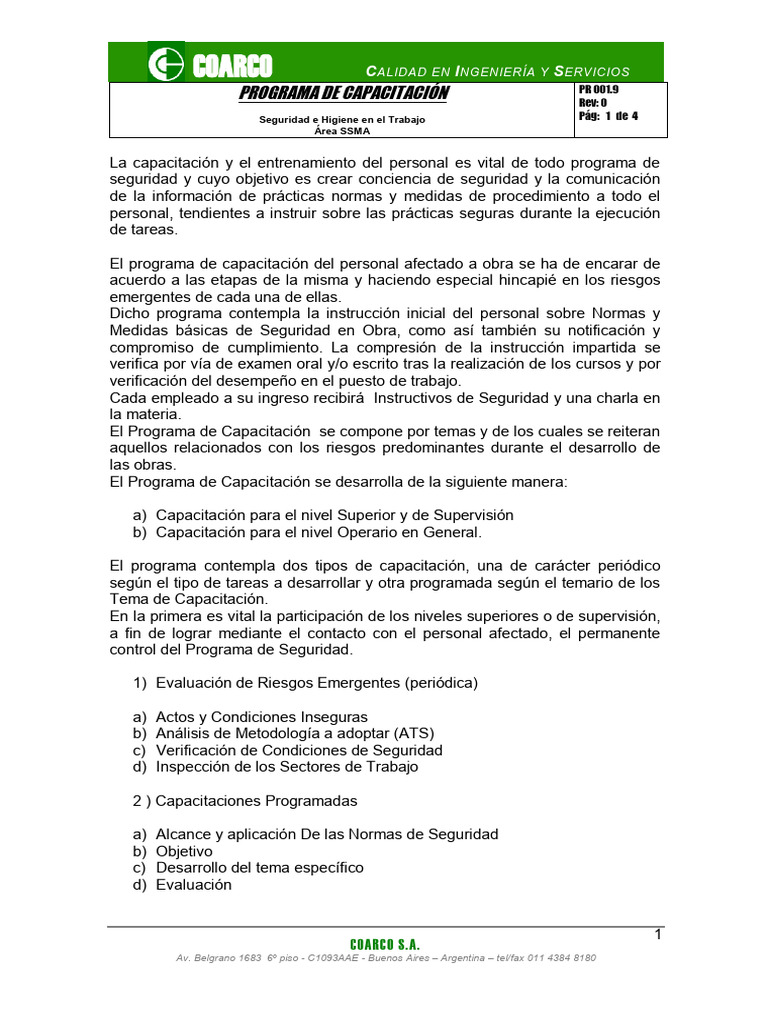 01 - 9 Programa de Capacitación | PDF | Seguridad y salud ocupacional ...