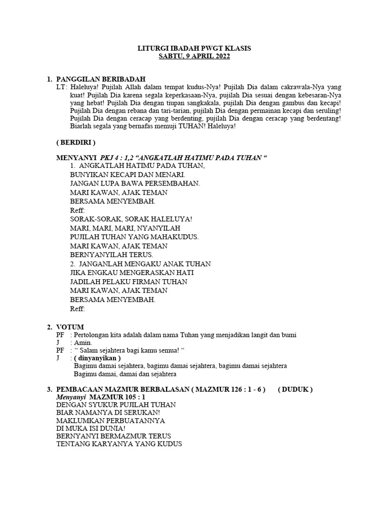 LITURGI IBADAH PWGT KLASI1 | PDF