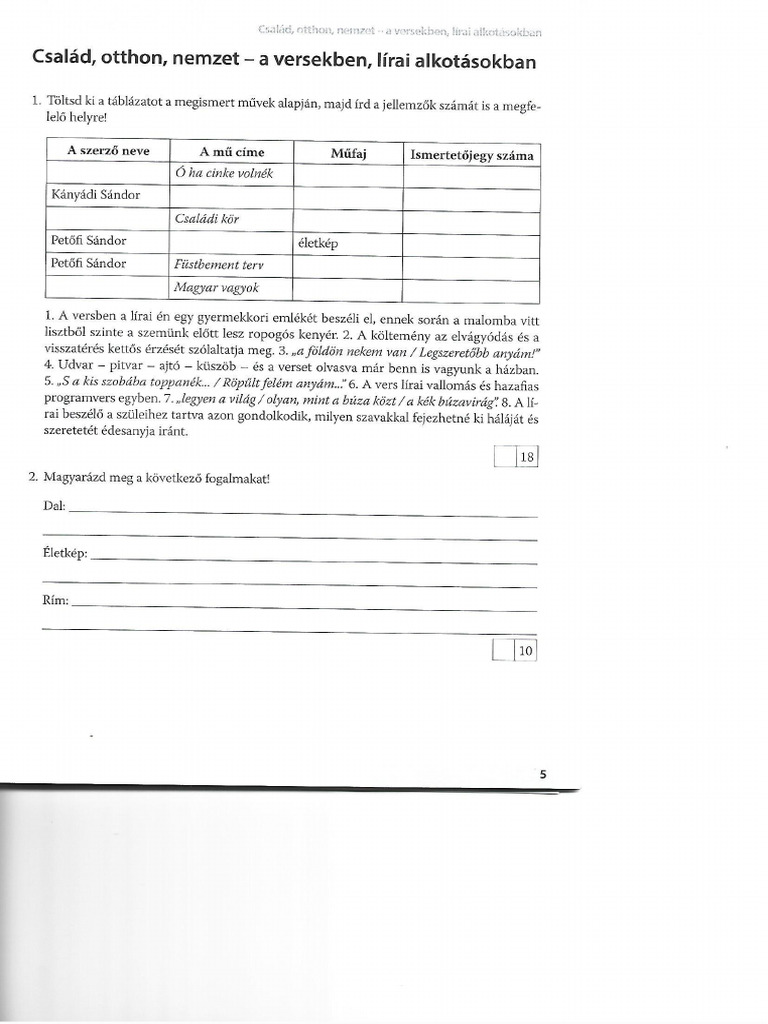 Irodalom Témazáró 5.o. | PDF