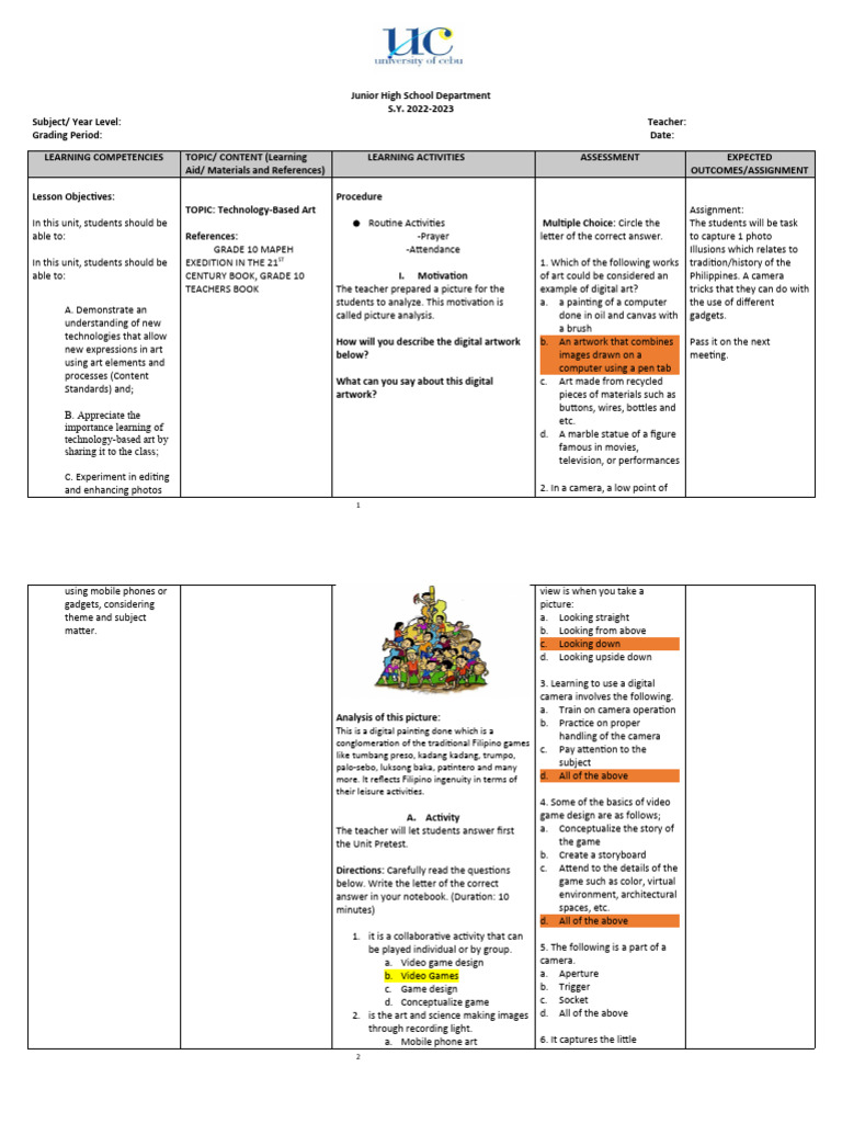 Technology Based-Art Lesson Plan For Grade-10 | PDF | Camera | Computer ...